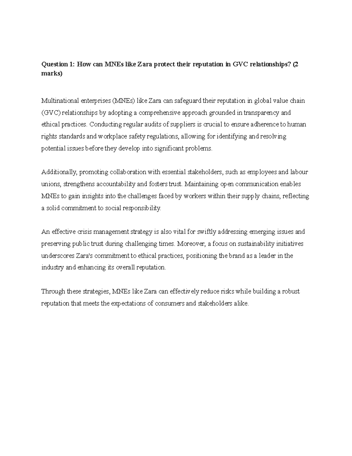 GMS 802 Assignment 1 - 23223 - Question 1: How can MNEs like Zara ...