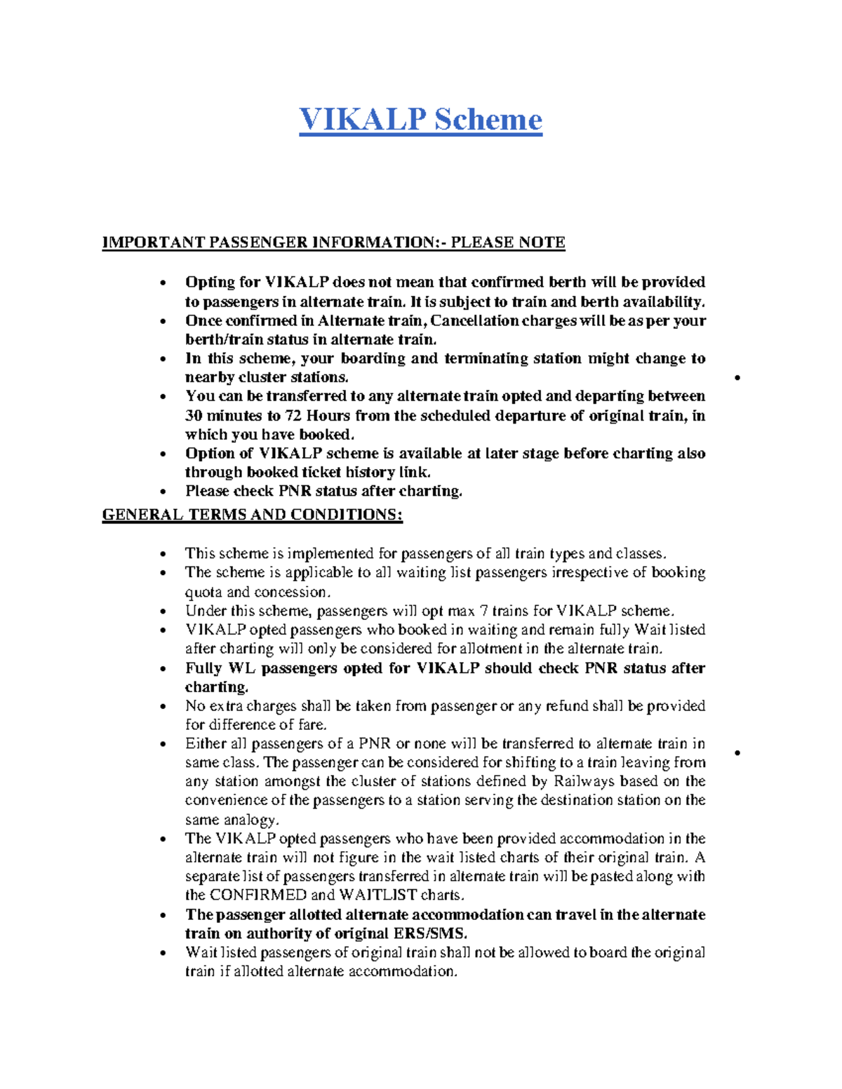 Vikalp Scheme - VIKALP Scheme IMPORTANT PASSENGER INFORMATION:- PLEASE ...