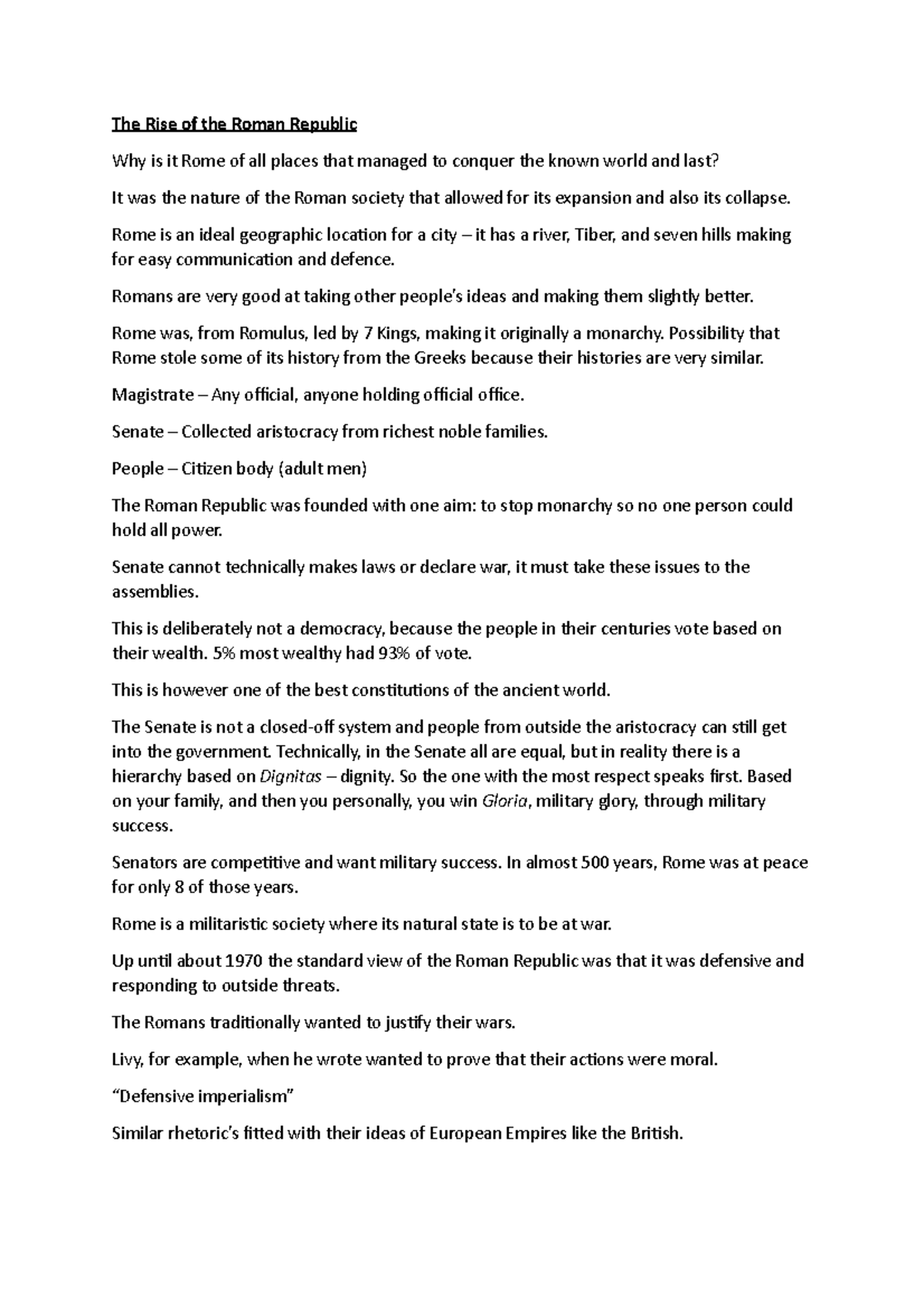 Lecture notes - roman republic - The Rise of the Roman Republic Why is ...