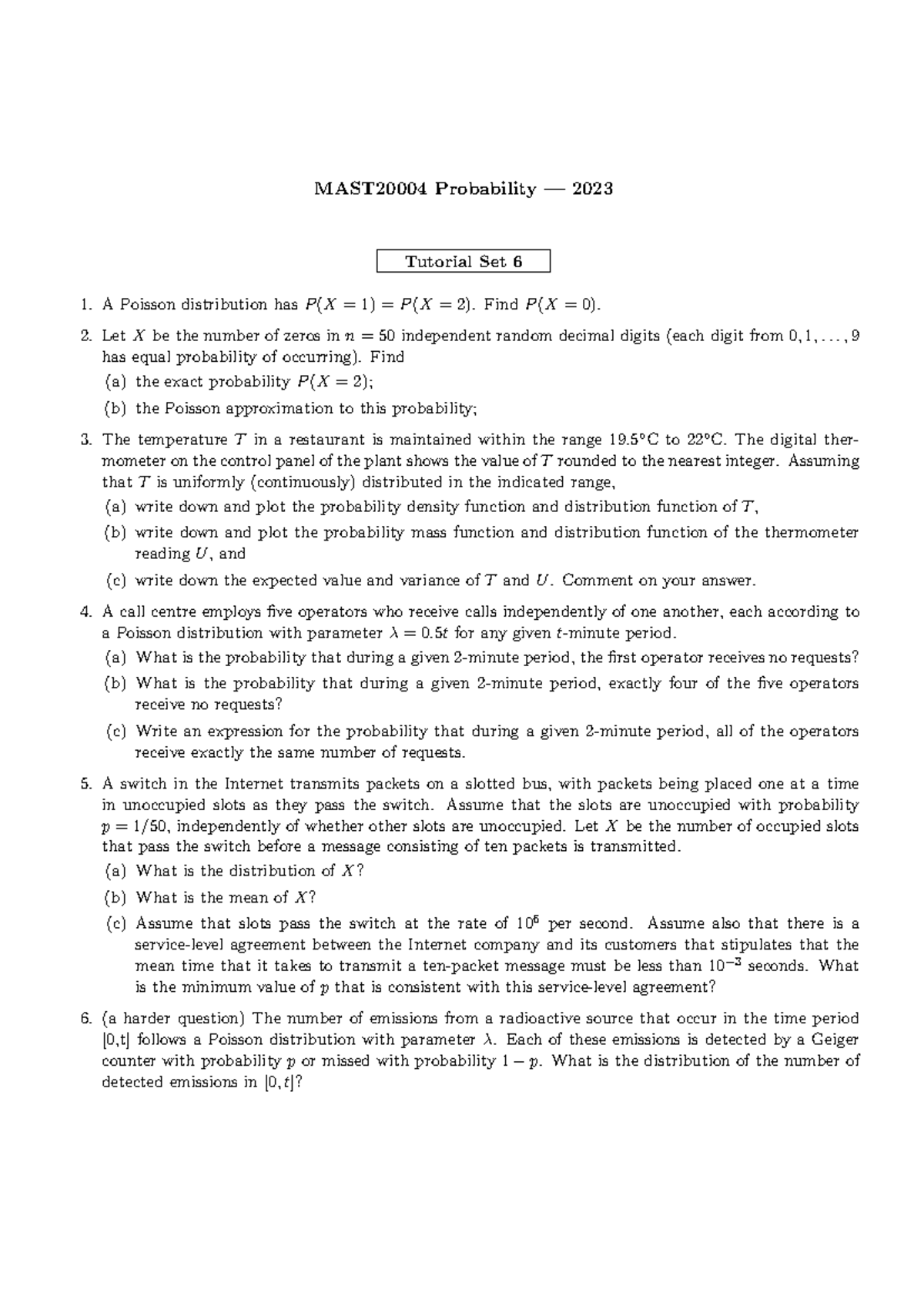 MAST20004 6-23-1 - MAST20004 Probability — 2023 Tutorial Set 6 A ...