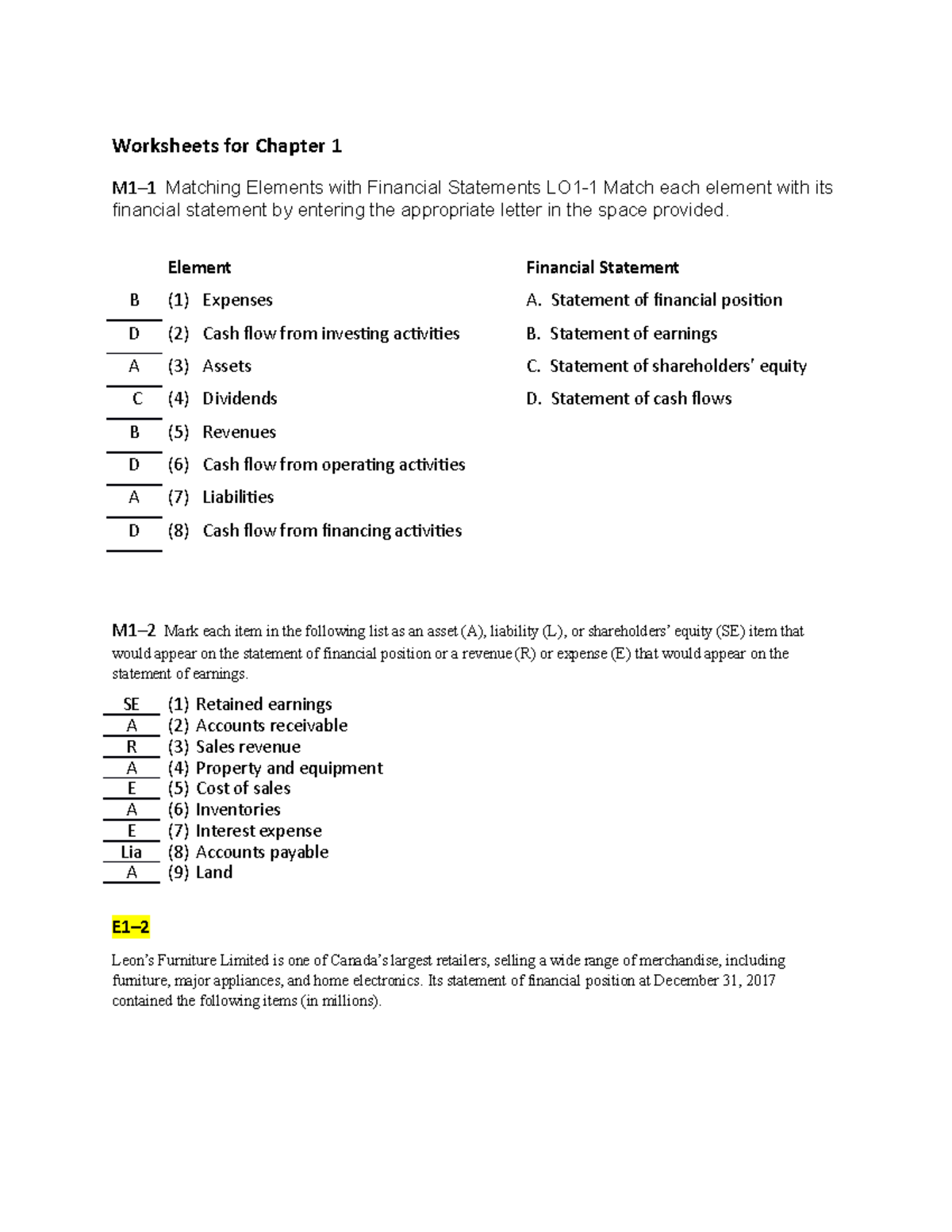 Completed Worksheets for Chapter 1 - Worksheets for Chapter 1 M1–1 ...