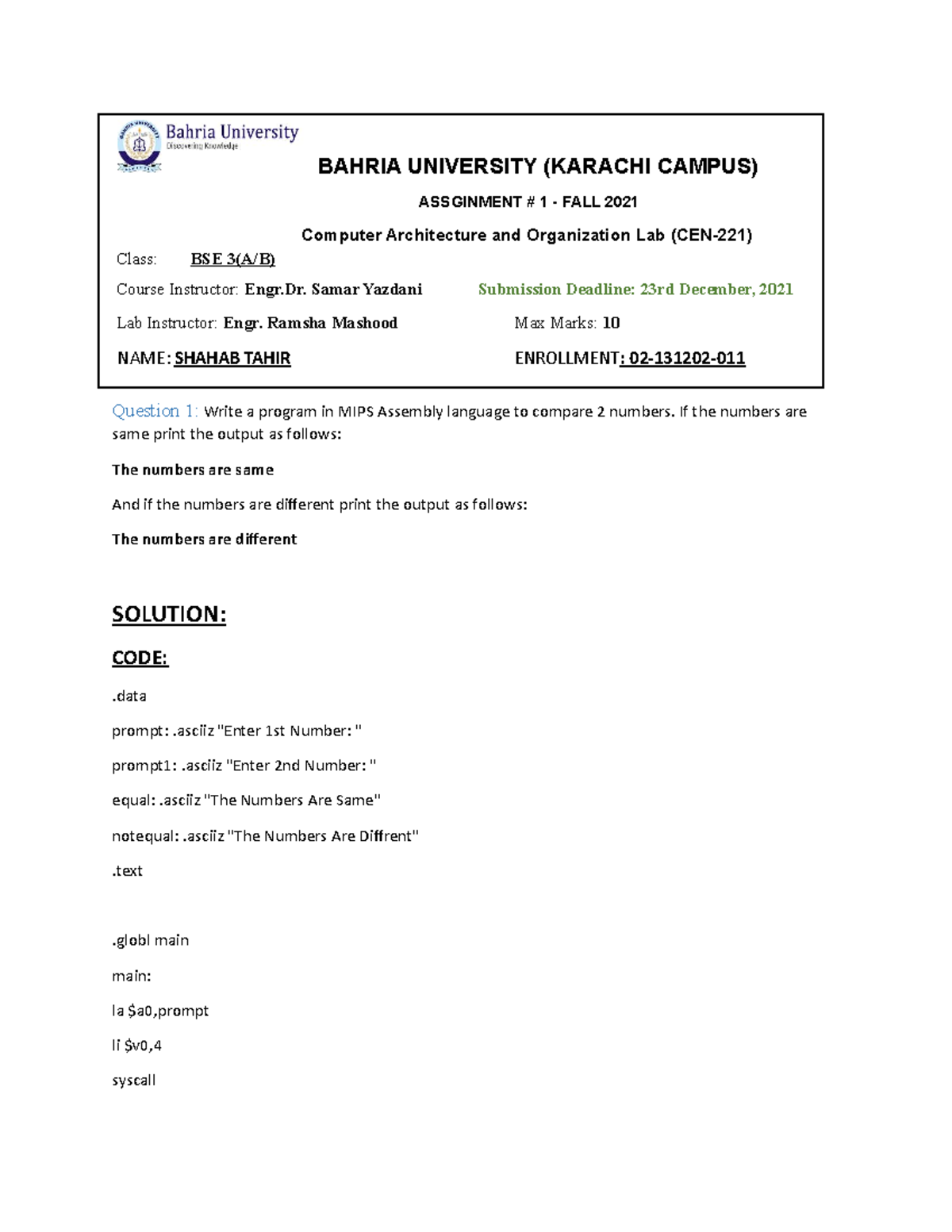 Assignment 1 - Question 1: Write a program in MIPS Assembly language to ...