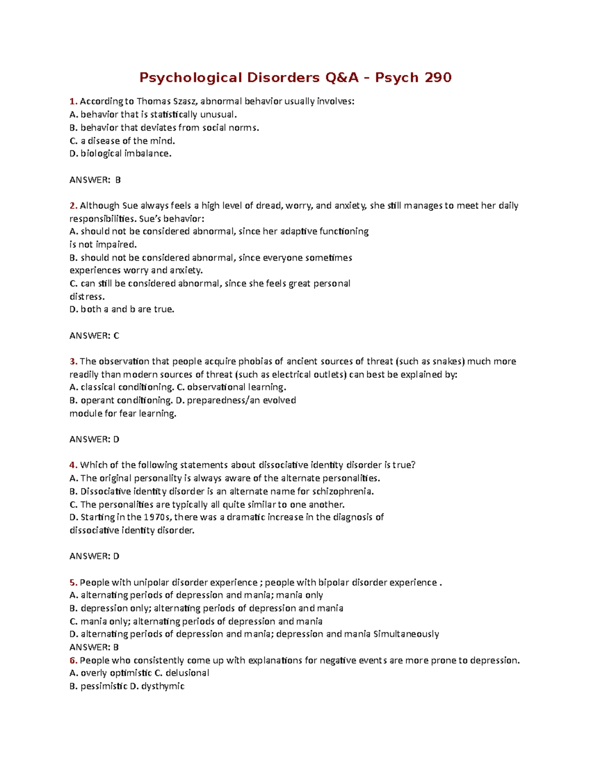 Sample/practice exam - Psychological Disorders Q&A – Psych 290 ...