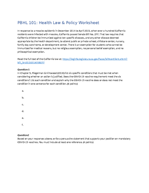 PBHL 101 Epidemiology Worksheet Spring 2023 - Public Health 101 Spring ...