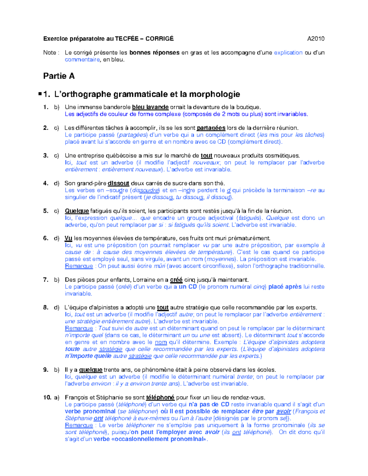 Exercice pr Çparatoire au TECFê E A2010 corrig Ç - Exercice ...