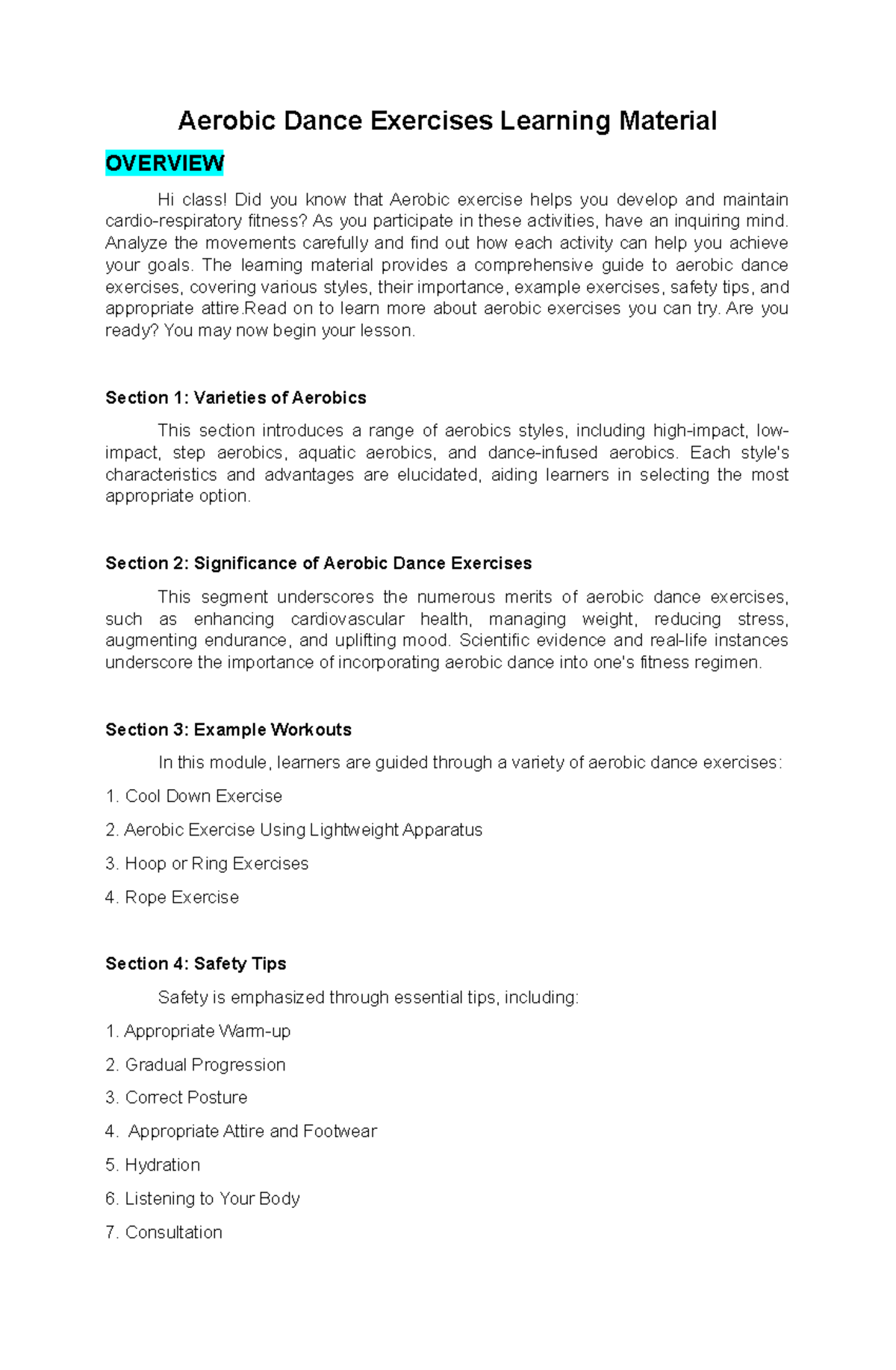 Physical Education - Aerobic Dance Exercises Learning Material OVERVIEW ...