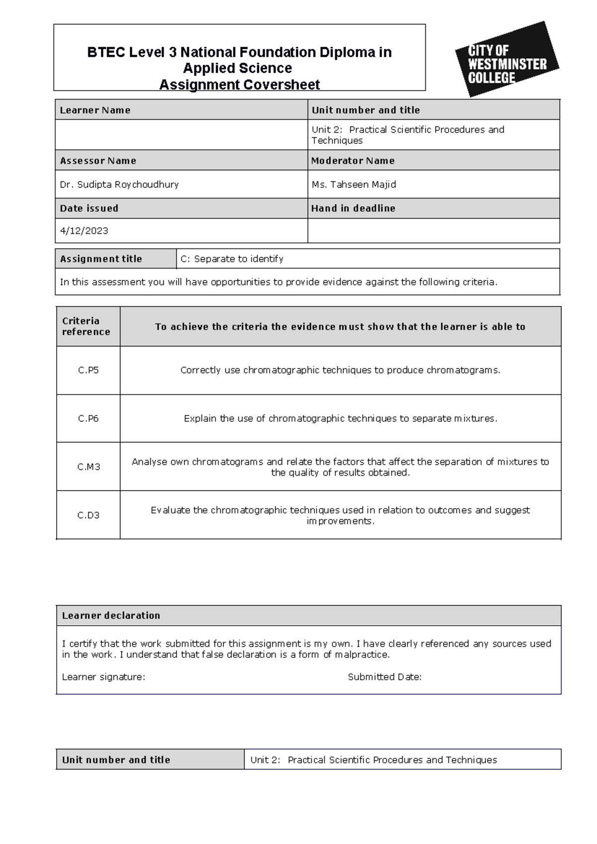 Unit 2 Assig C Assignment Brief - BTEC Level 3 National Foundation Diploma in Applied Science ...