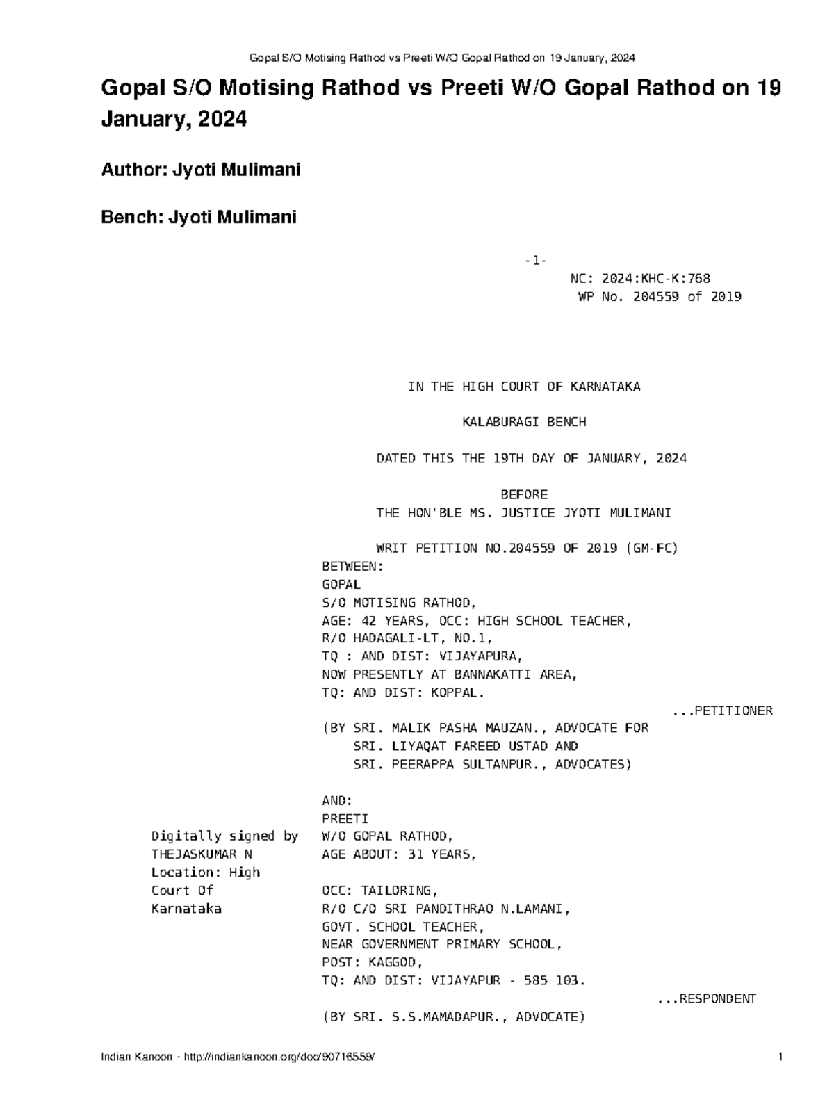 Gopal S O Motising Rathod vs Preeti W O Gopal Rathod on 19 January 2024 ...