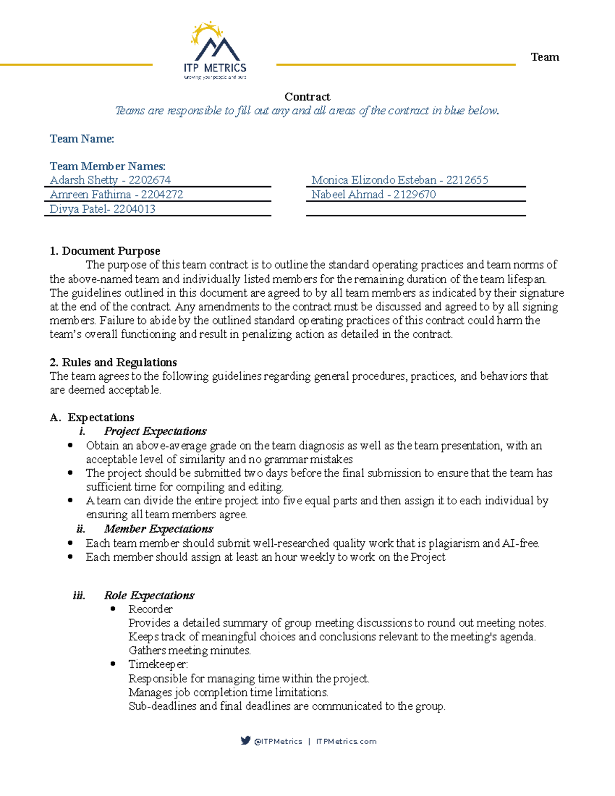 General Team Contract - Team 2 - Team Contract Teams are responsible to ...