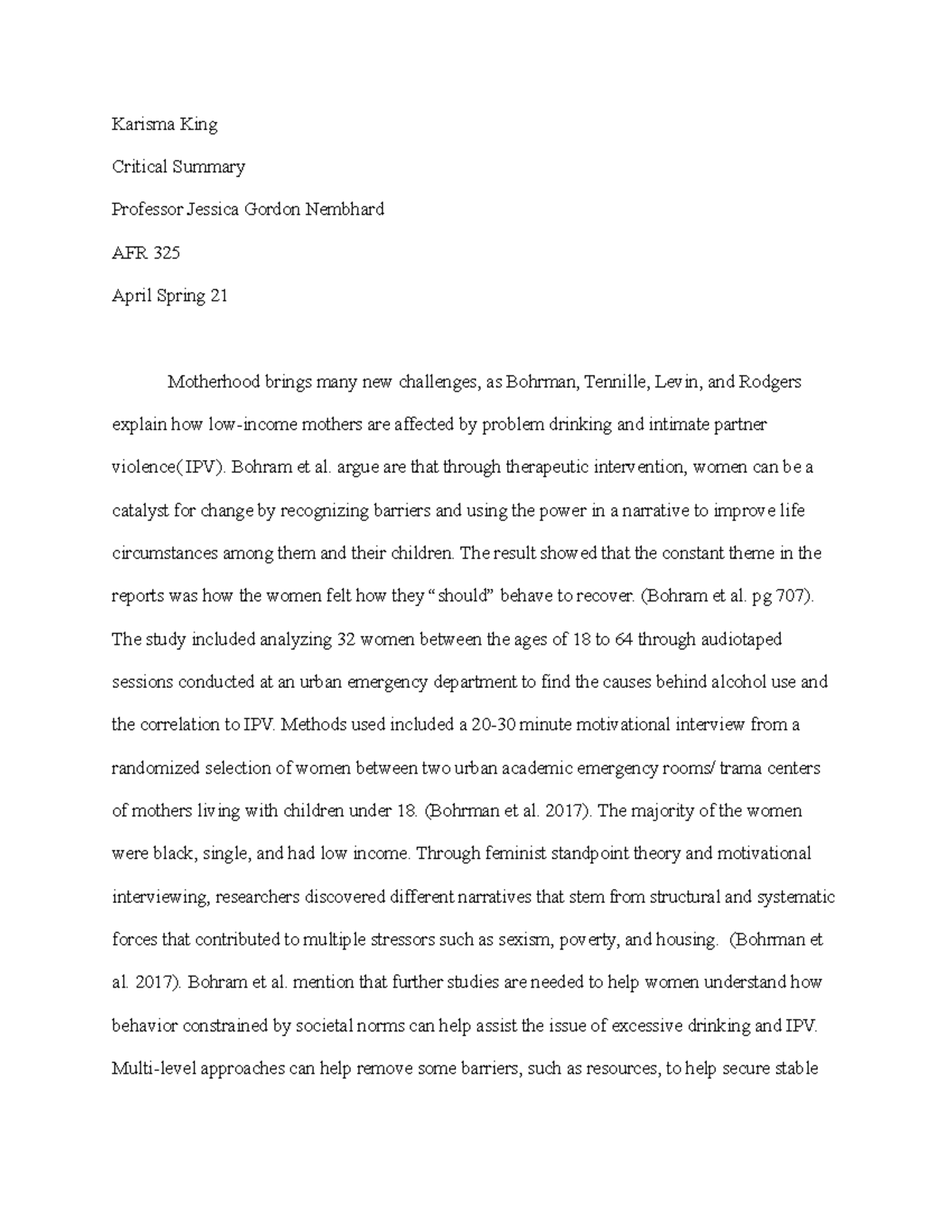 Critical Summary AFR 325 - Karisma King Critical Summary Professor ...