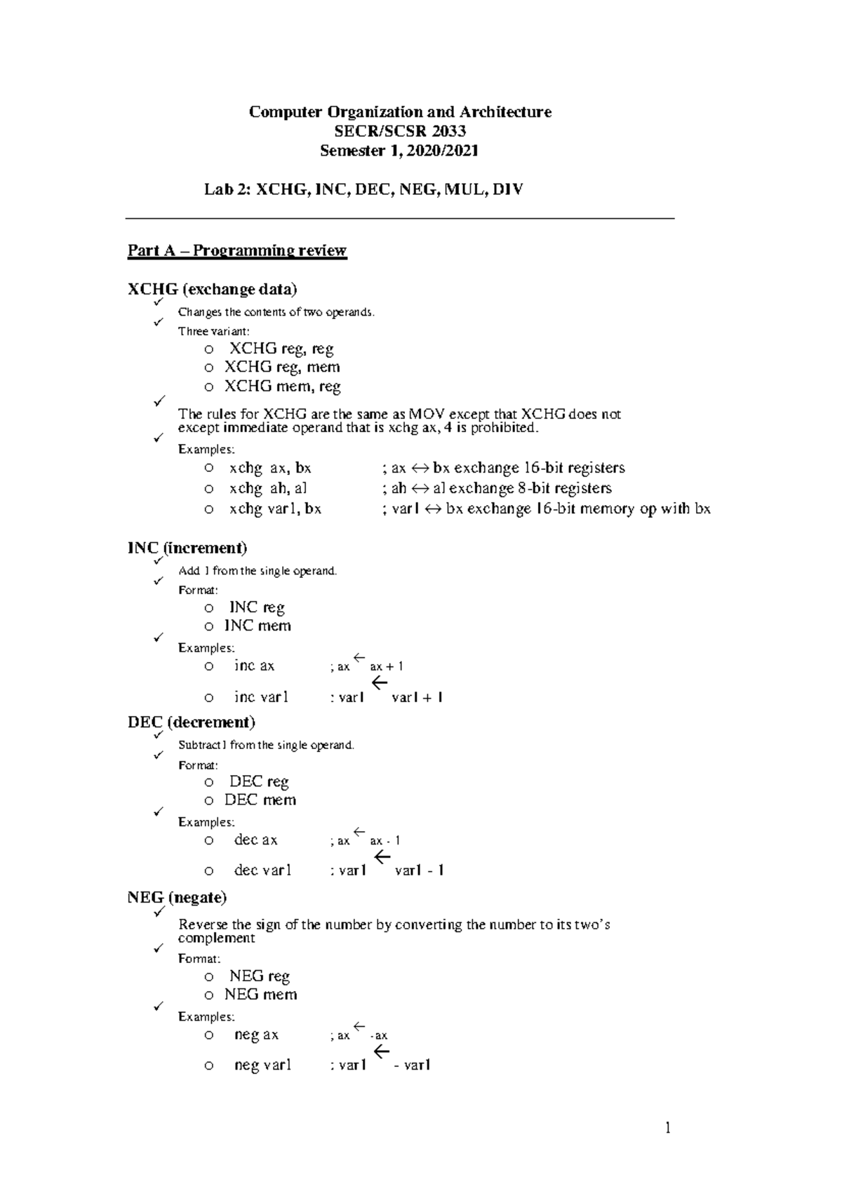 COA Assembly Lab 2 Version 2 - Computer Organization and Architecture SECR/SCSR 2033 Semester 1 ...