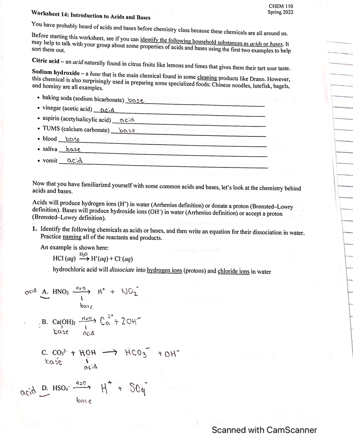 Worksheet 14: acid and bases - CHEM 130 - Studocu