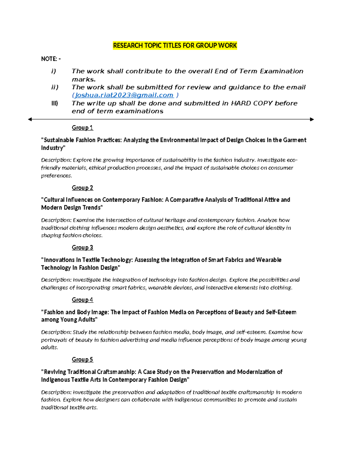 Research Topic Titles - Group WORK - RESEARCH TOPIC TITLES FOR GROUP ...