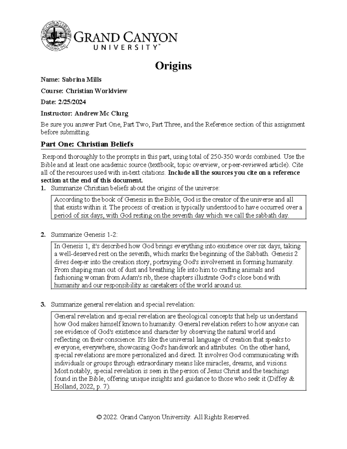 Assignment 2 cwv - Origins Name: Sabrina Mills Course: Christian ...