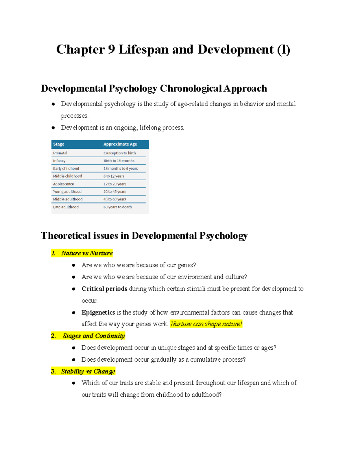 Chapter 9 Lifespan and Development - Chapter 9 Lifespan and Development ...