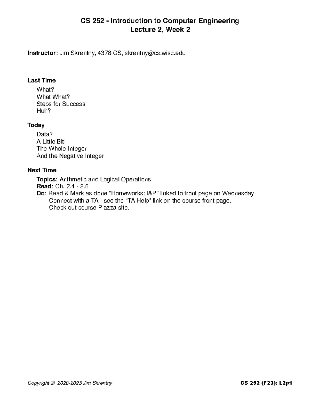 Outline L 2w2 - notes - CS 252 - Introduction to Computer Engineering ...