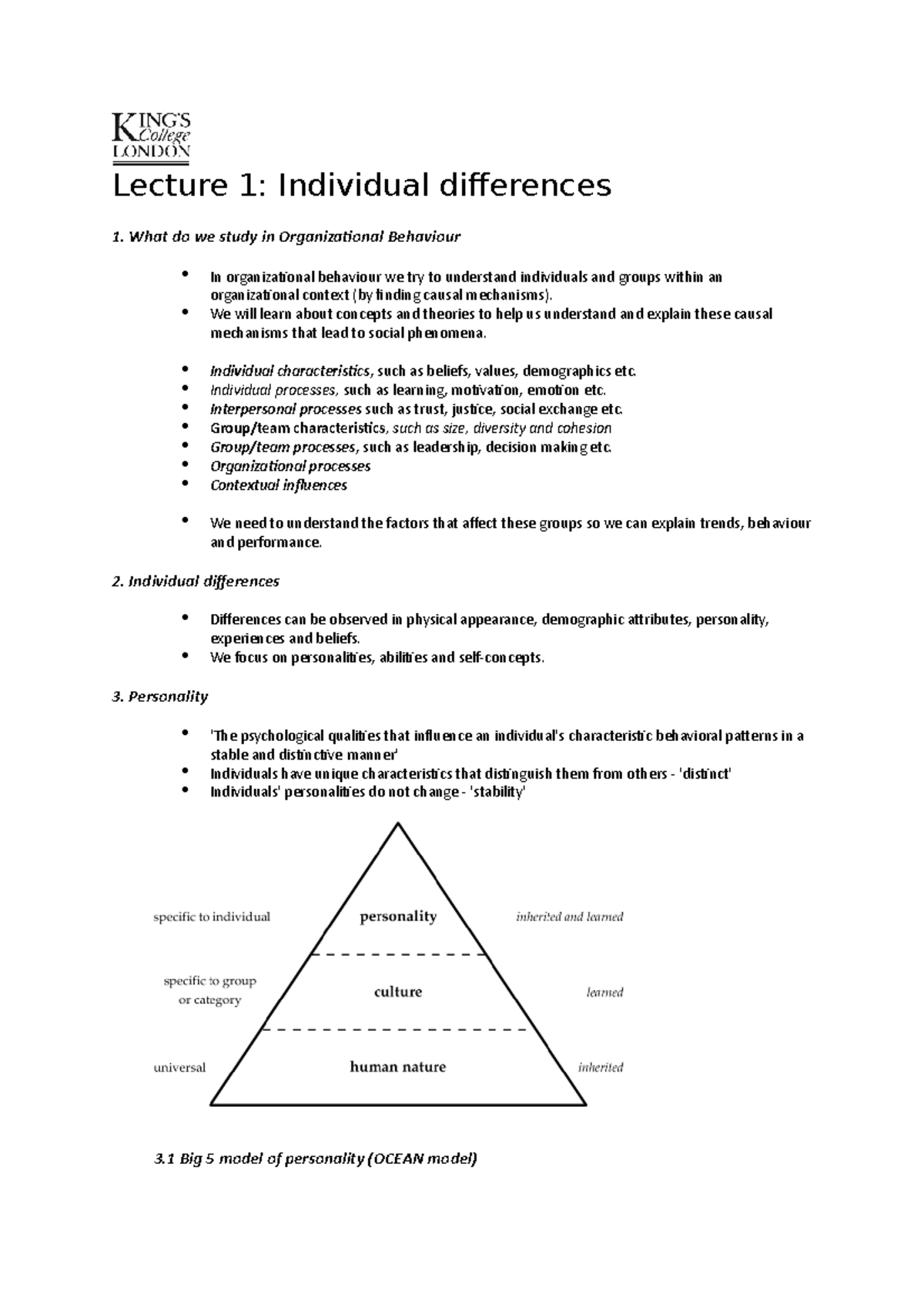 Organizational Behaviour - Lecture 1: Individual differences 1. What do ...
