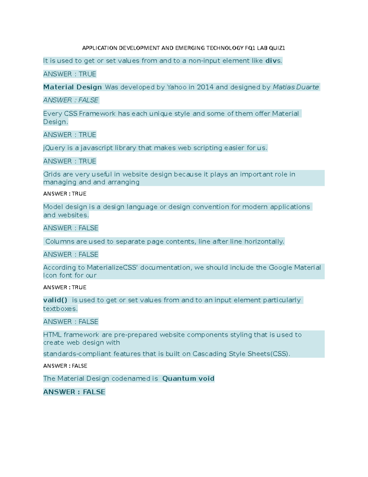 Application Development AND Emerging Technology FQ1 LAB QUIZ1 - APPLICATION DEVELOPMENT AND ...