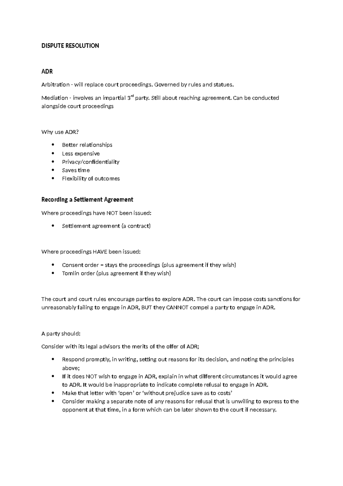 Dispute Resolution. Revision Notes - DISPUTE RESOLUTION ADR Arbitration ...