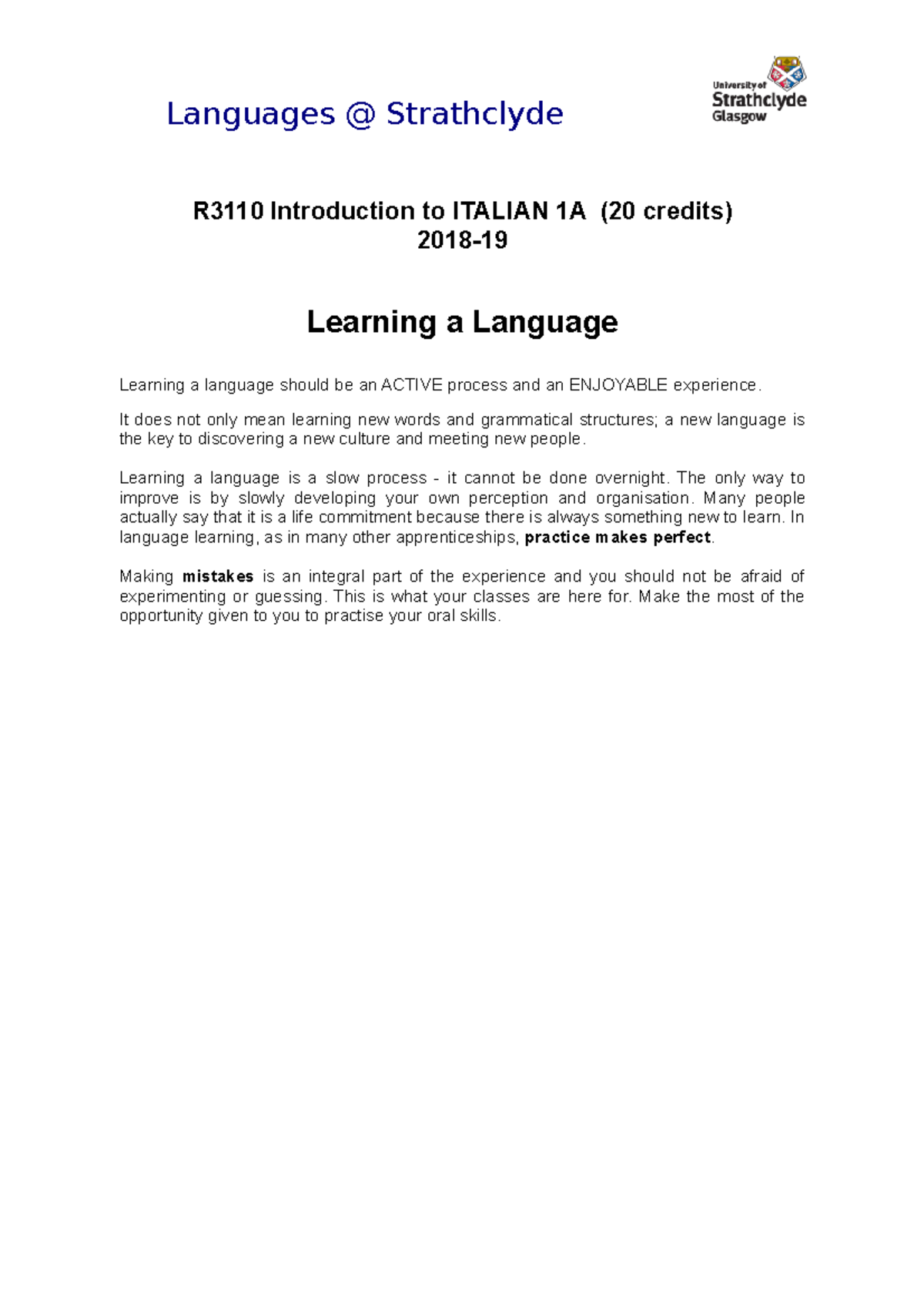 R3110 Intro Italian 1A Descriptor 2018-19 - Languages @ Strathclyde ...