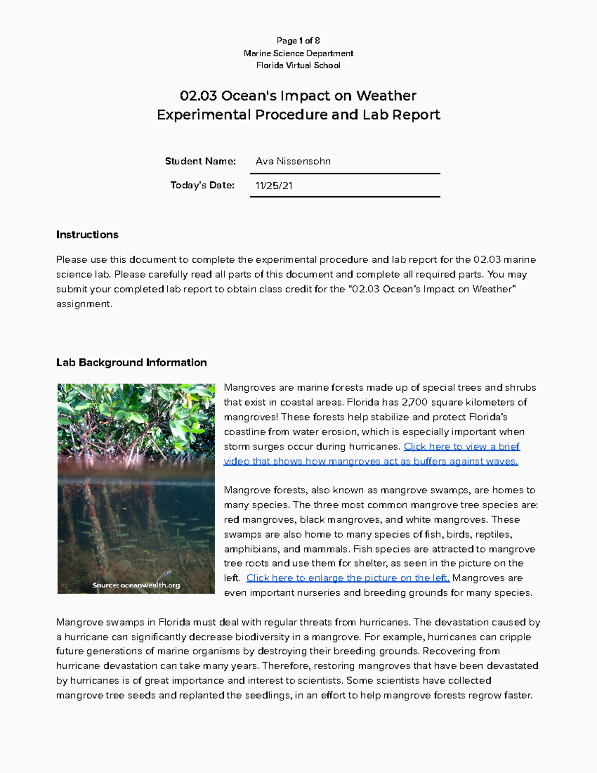 02.03 Marine Science Lab Report - Marine Science Department Florida ...