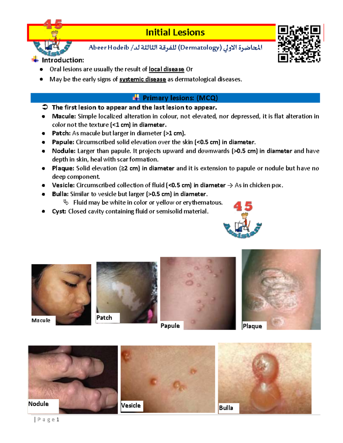 01- Initial Lesions - dermatology - | P a g e 1 Initial Lesions Abeer ...