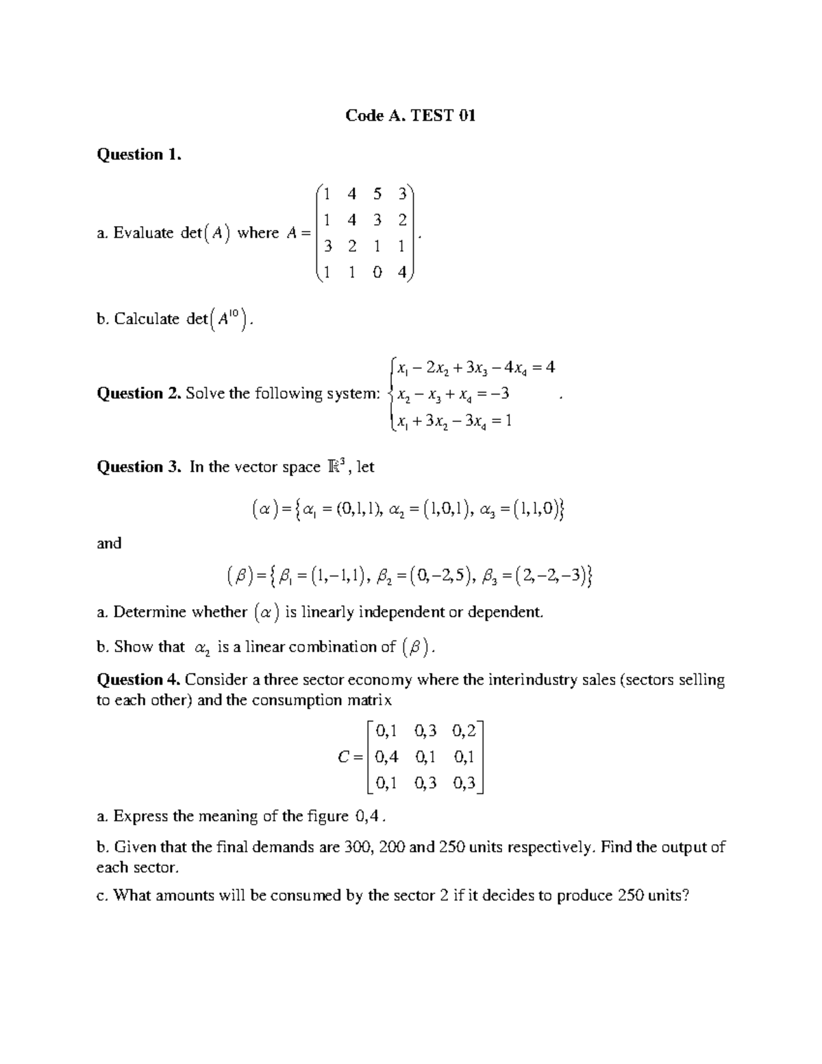 Sample Midterm - Advanced Mathematics - Code A. TEST 01 Question 1. a ...