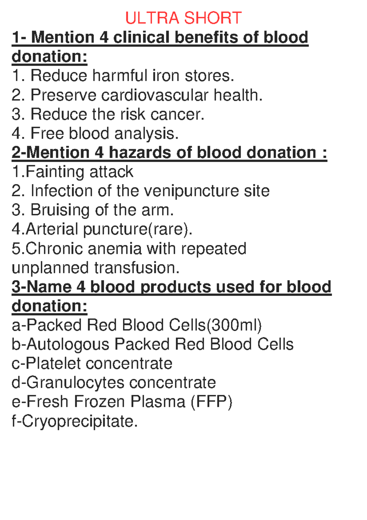 Blood transfusion - Pathology - ULTRA SHORT 1- Mention 4 clinical ...