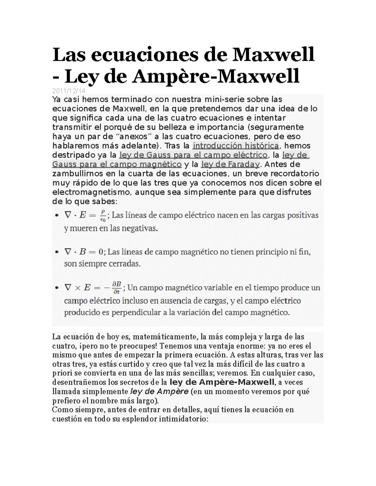 Ley de maxwell-ampere - Apuntes 6 - Las ecuaciones de Maxwell - Ley de ...