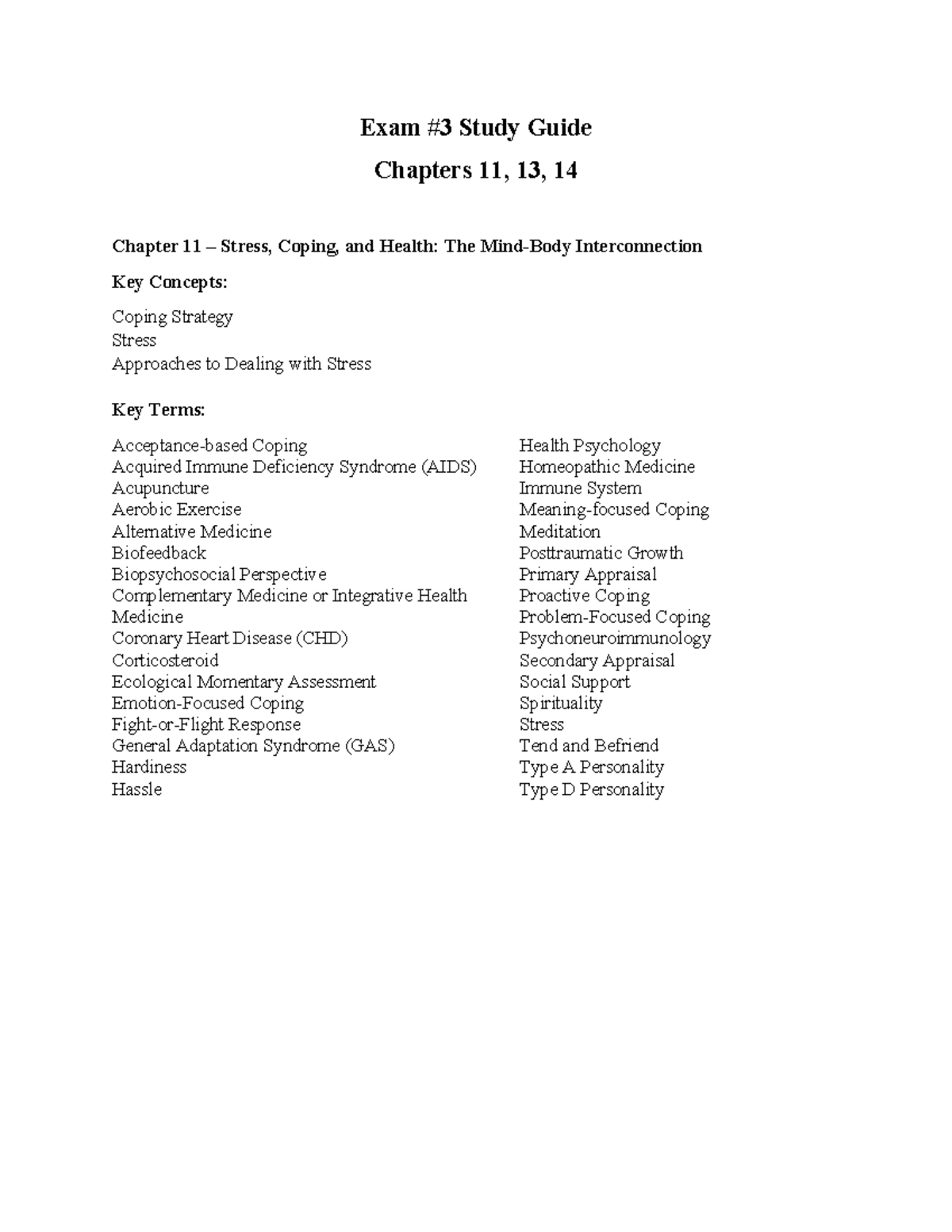 Exam #3 Study Guide - WDWD - Exam #3 Study Guide Chapters 11, 13, 14 ...