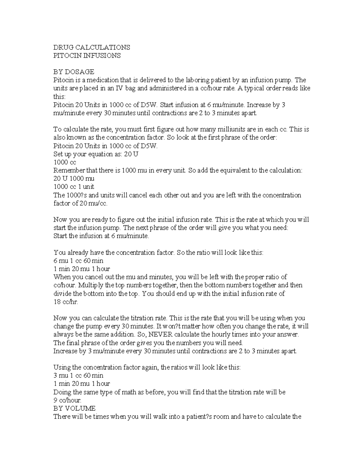 Pitocin Calculation - DRUG CALCULATIONS PITOCIN INFUSIONS BY DOSAGE ...