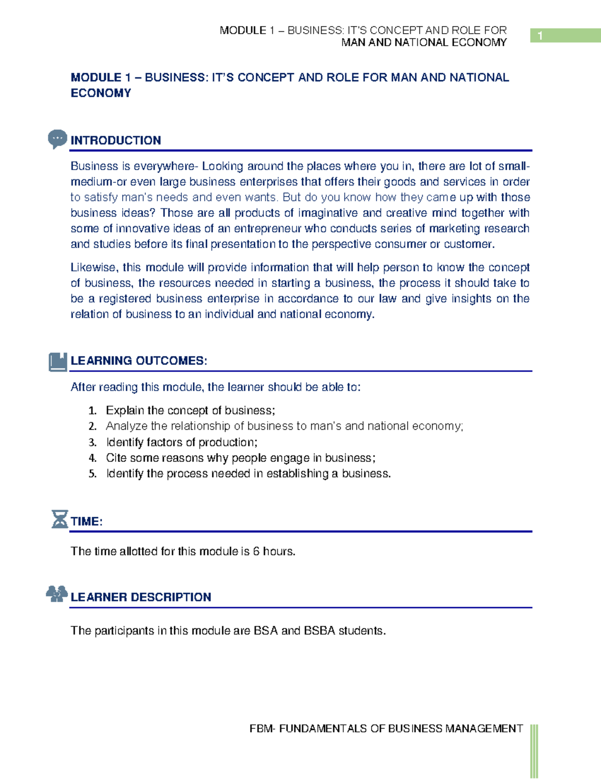 Module 1 Business It s Concept and Role in Man and National Economy ...