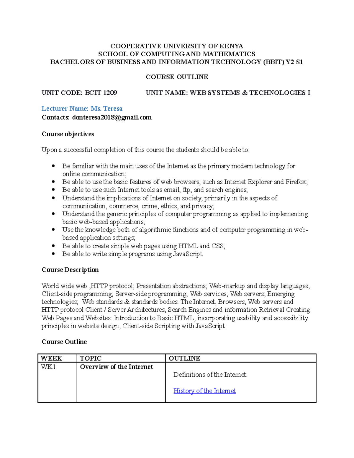 BCIT 1209 WEB Systems AND Technologies 1 Course Outline - COOPERATIVE ...