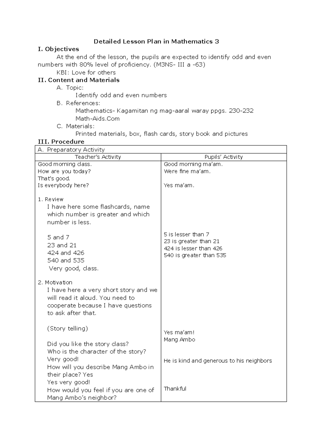 MATH 3 (ODD & EVEN) - lesson plan in math 3 - Detailed Lesson Plan in ...