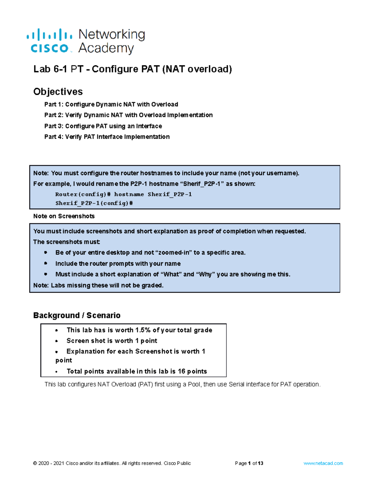 Mil Lab 6-1 Student Packet Tracer - Configure PAT (NAT Overload) - Lab 6-1 PT - Configure PAT ...