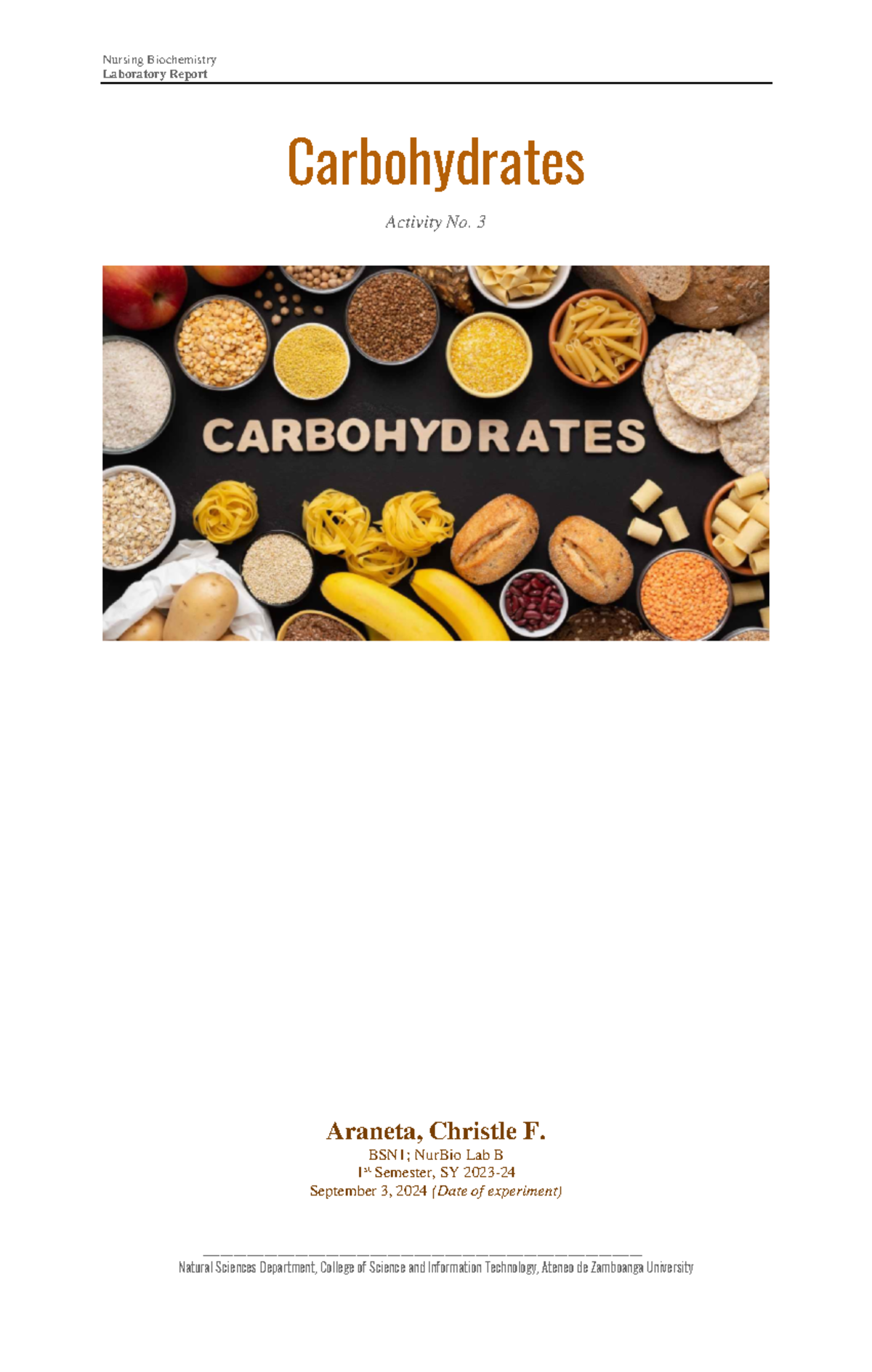 LAB Report Activity 3 - carbohydrates - Laboratory Report - Studocu