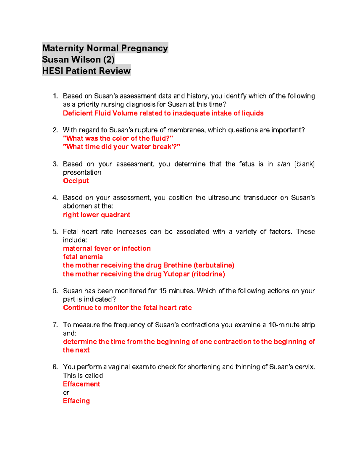 HESI-Maternity Normal Pregnancy ( Susan Wilson 2) - Maternity Normal ...