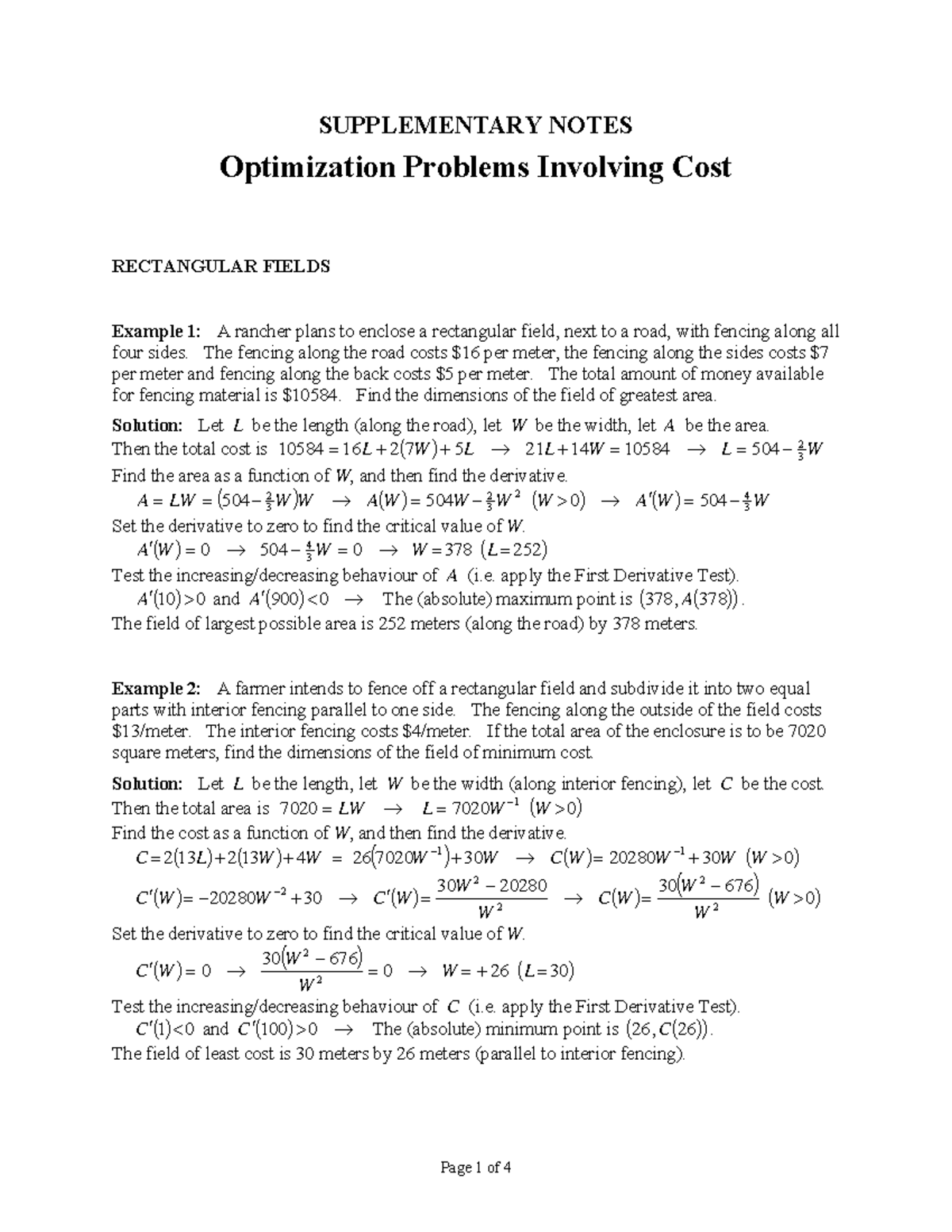 Supplementary Notes-Optimization of Cost fields and boxes ...