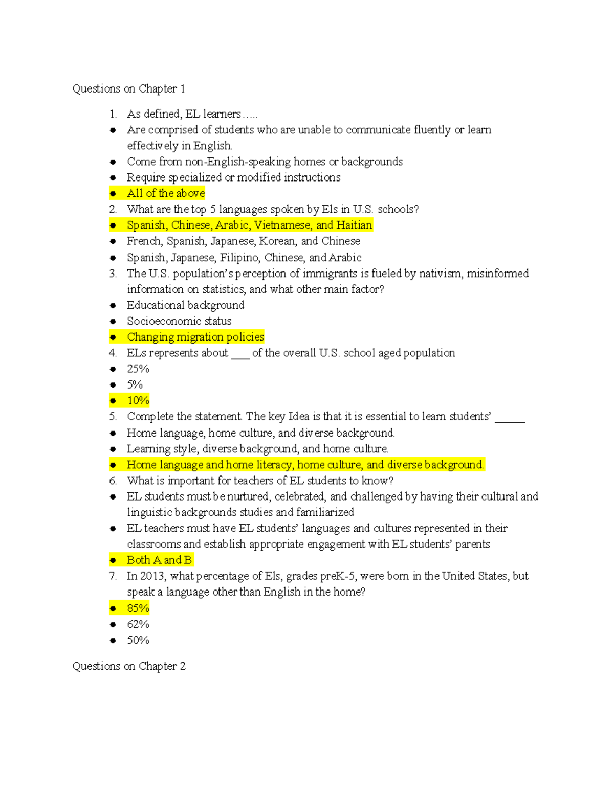 Final Exam assignment - Questions on Chapter 1 As defined, EL learners ...