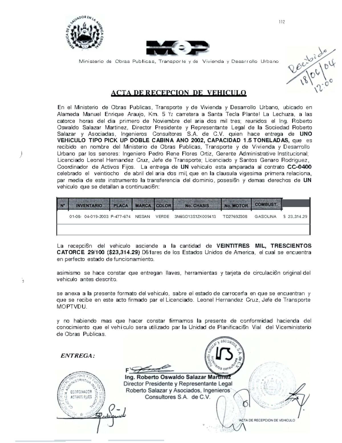 Acta 18-06-2004 - Actas y documentacion para entragas y aprendizajes - ·, Ministerio de Obras ...