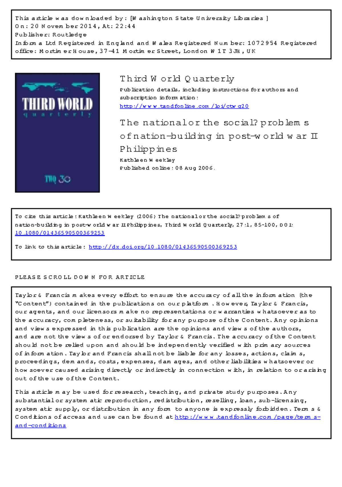 Weekley 2006 - The national or the social? problems of nation-building ...