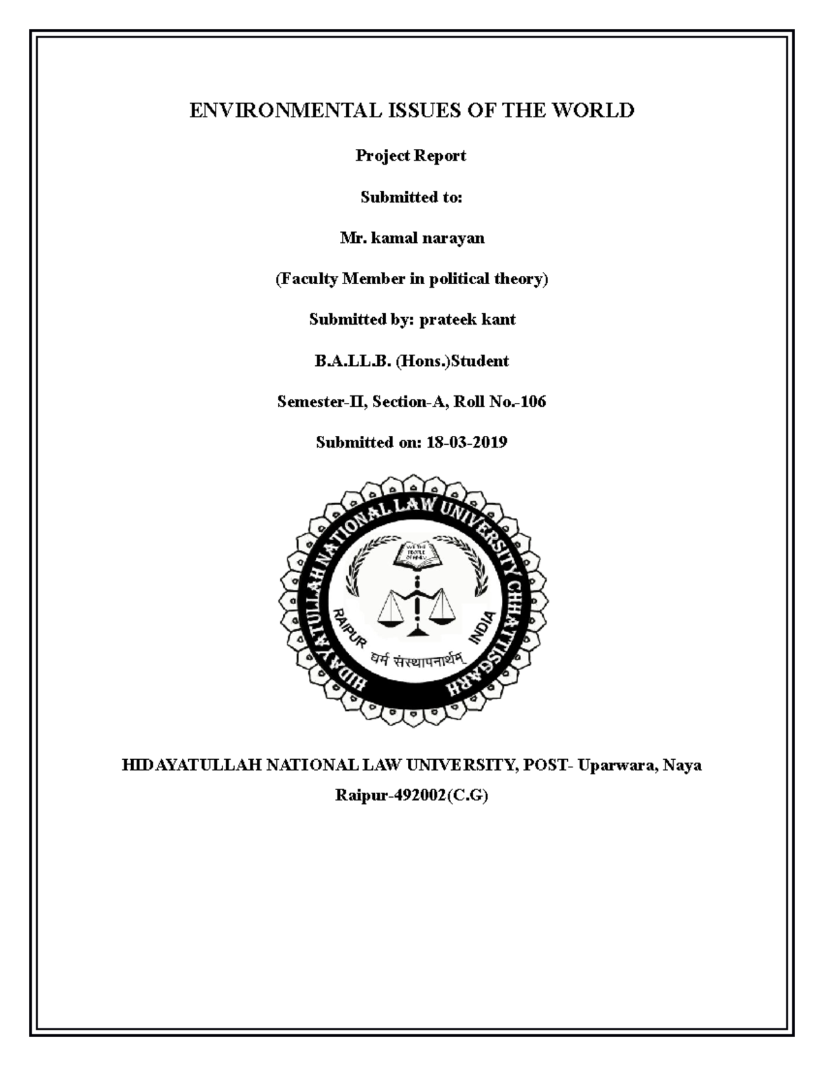 Political science project - i ENVIRONMENTAL ISSUES OF THE WORLD Project ...