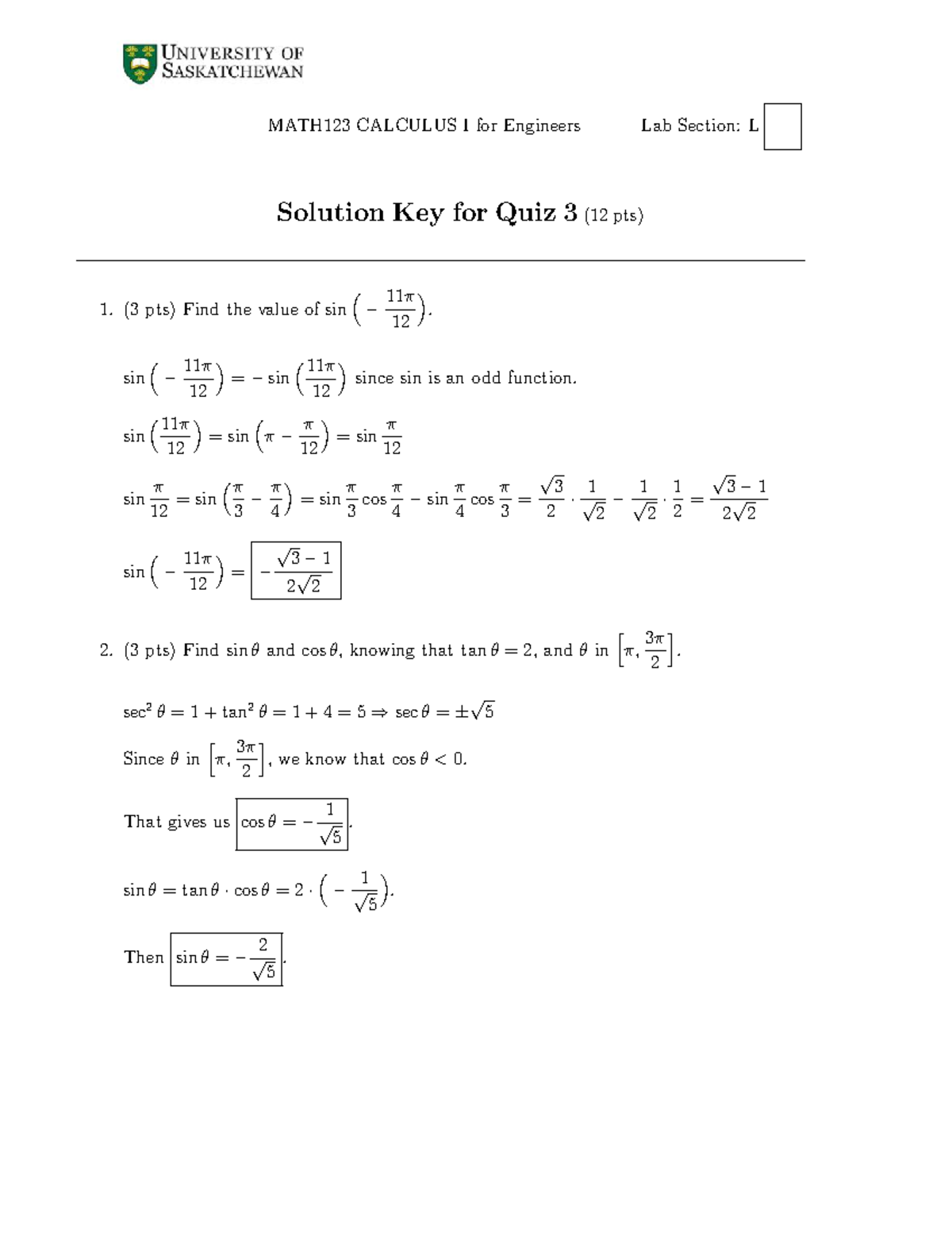 Exam September 2015, Questions And Answers - Quiz 3 - MATH123 CALCULUS I for Engineers Lab ...