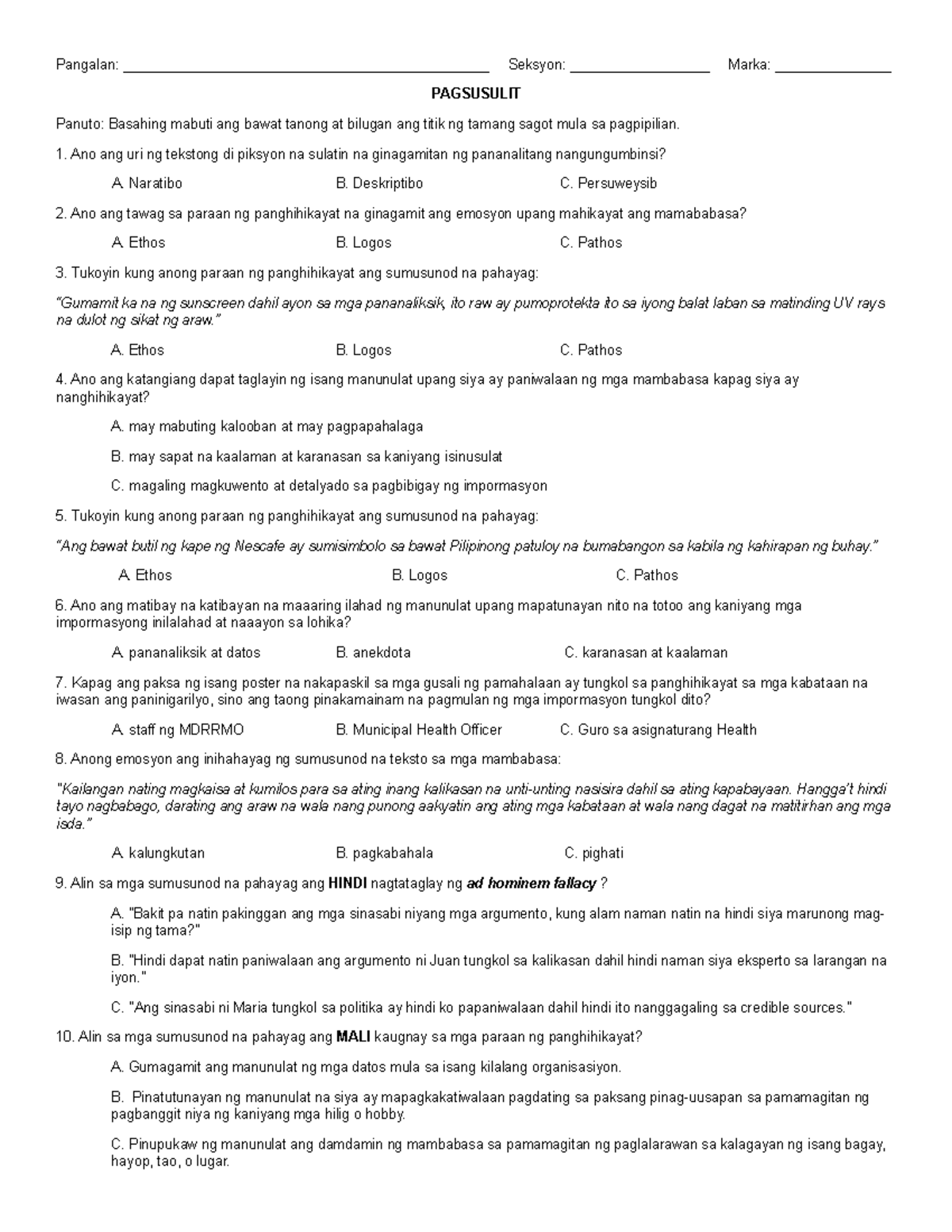 Quiz sa Komunikasyon - Pangalan: _______________________________________________ Seksyon: - Studocu