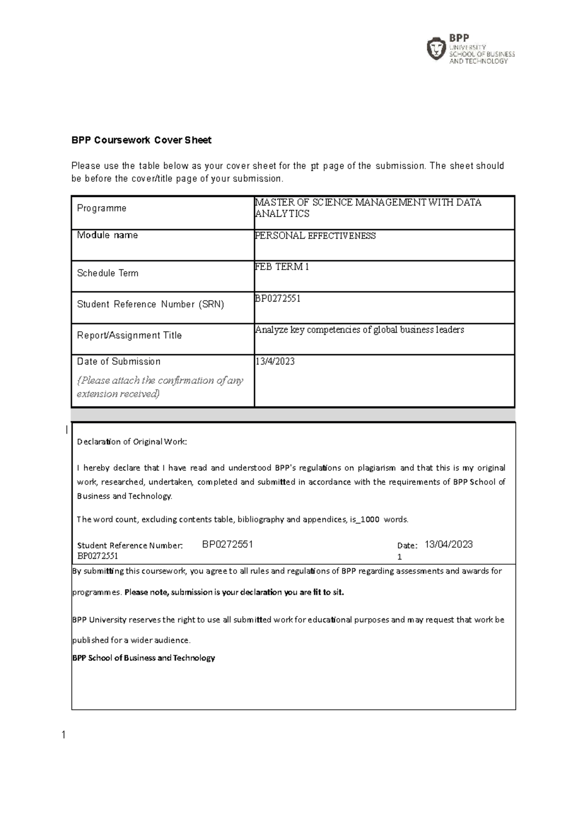 Assignment OF Personal Effectiveness (FEB-23) - BPP Coursework Cover Sheet Please use the table ...