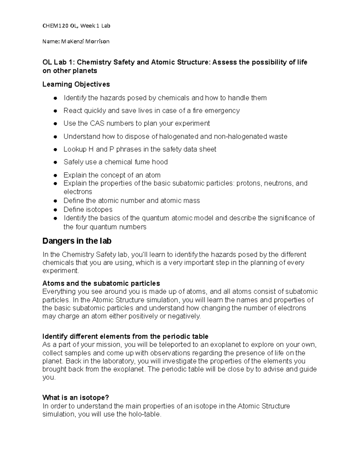 Week 1 Lab Report Name Makenzi Morrison Ol Lab 1 Chemistry Safety And Atomic Structure 