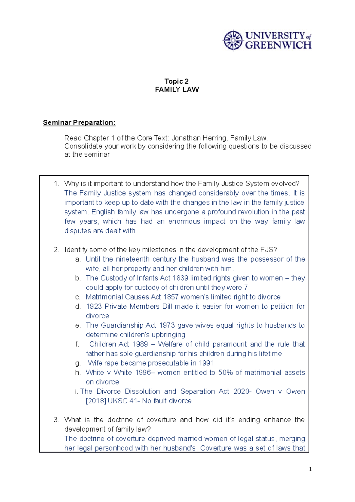 Family Seminar 2 Notes - Topic 2 FAMILY LAW Seminar Preparation: Read ...