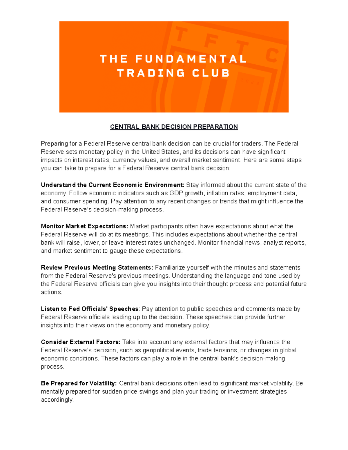 TFTC Preparing FOR Central BANK Decisions FOMC Example - CENTRAL BANK ...
