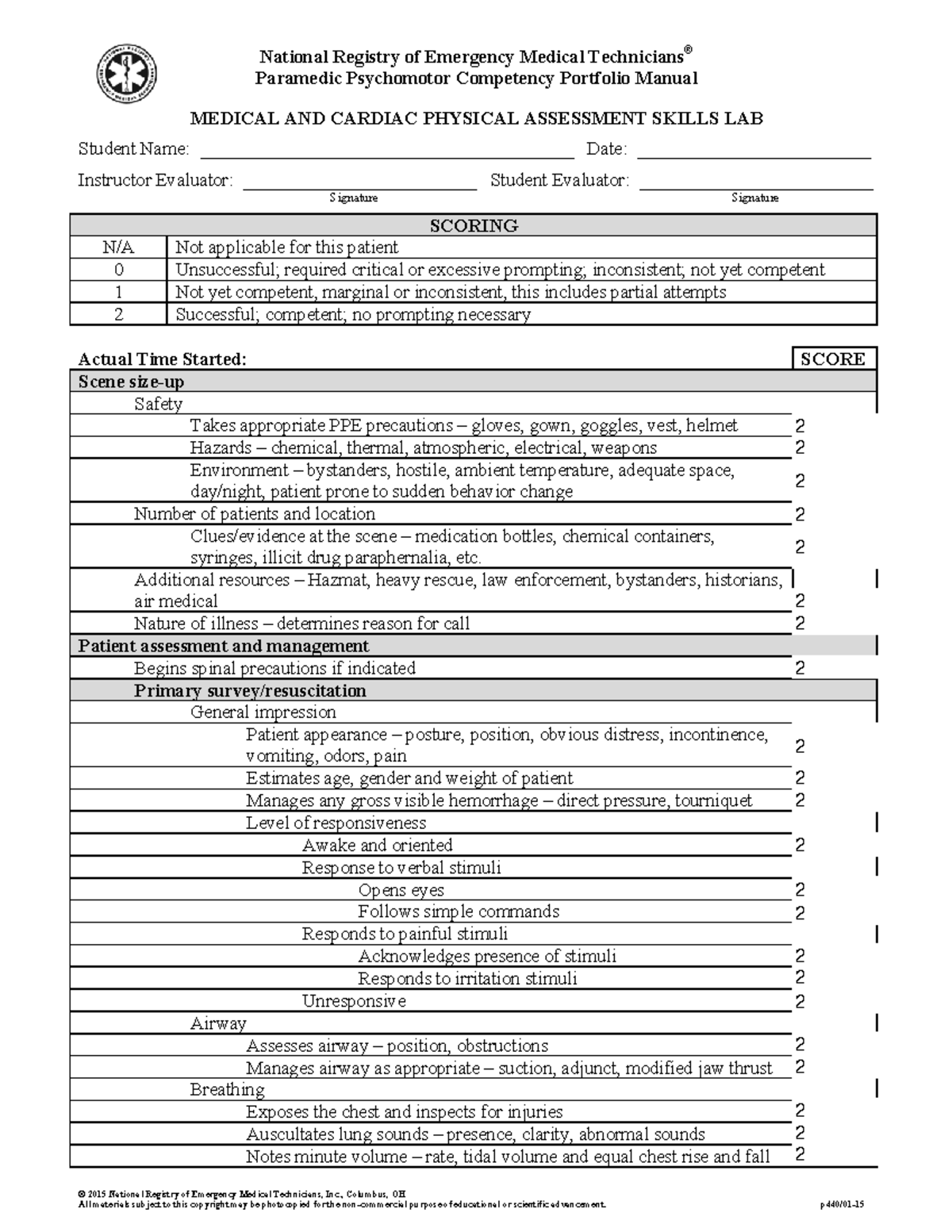 P440 Medical and Cardiac Physical Assessment Skill Lab Form 1 ...