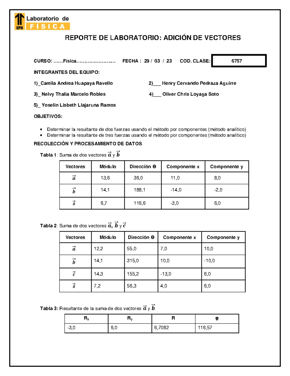 Reporte DE Laboratorio N° 1 - REPORTE DE LABORATORIO: ADICIÓN DE VECTORES CURSO: - Studocu